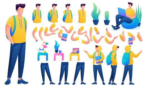 청남을 만들기 위한 생성자 손과 발의 세트와 함께 자신의 젊은 남자 캐릭터를 만들 수 있습니다 플랫 2d 벡터 일러스트레이션 N2 Diy에 대한 스톡 벡터 아트 및 기타