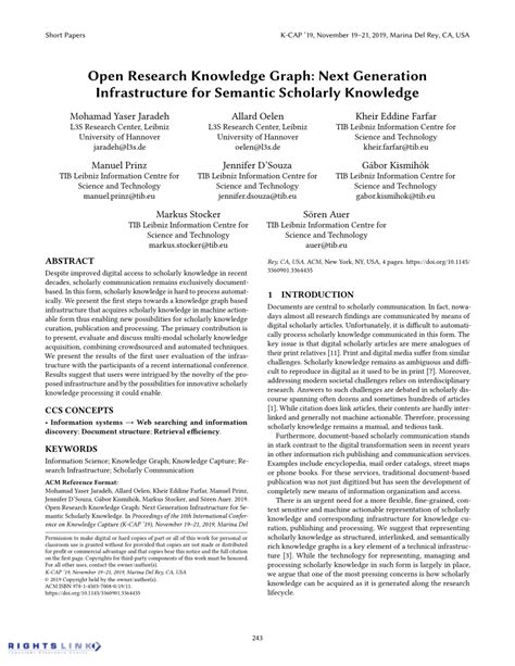 PDF Open Research Knowledge Graph Next Generation Infrastructure For Semantic Scholarly Knowledge