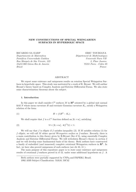 Pdf New Constructions Of Special Weingarten Surfaces In Hyperbolic Space