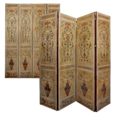 Pair Of Tall Four Fold Decorative Neo Classical Hand Painted Screens