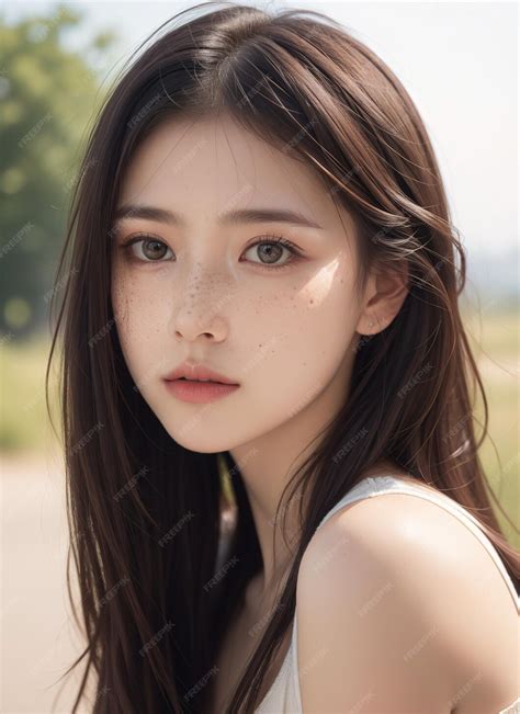 Premium Photo A Woman With Long Hair And Freckled Eyes Posing For A Picture In A Field Of