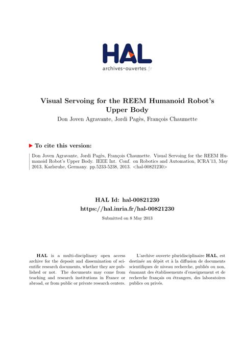 pdf visual servoing for the reem humanoid robot s upper body
