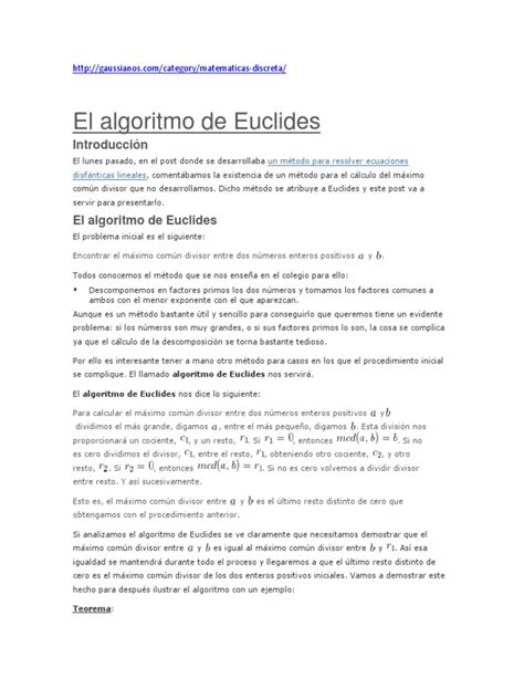 El Algoritmo De Euclides División Matemáticas Algoritmos