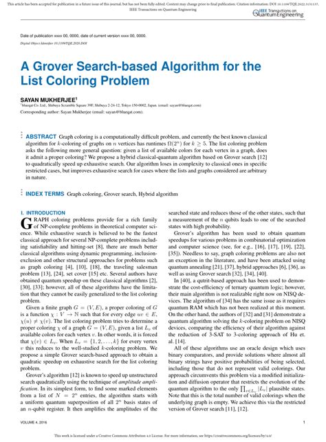 Pdf A Grover Search Based Algorithm For The List Coloring Problem