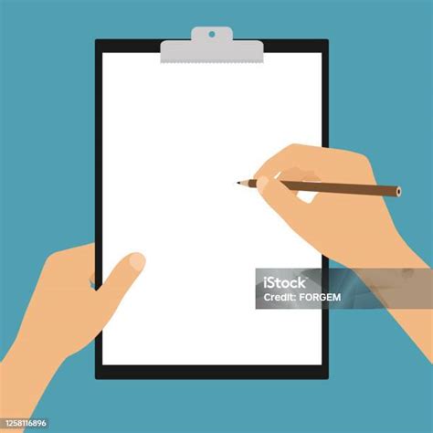 흰색 종이의 빈 시트와 클립 보드의 평면 디자인 그림 연필과 텍스트 나 그리기 공간을 들고 손 녹색 배경에서 격리 벡터 개념에 대한 스톡 벡터 아트 및 기타 이미지 Istock