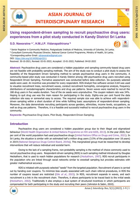 Pdf Asian Journal Of Interdisciplinary Research Using Respondent Driven Sampling To Recruit
