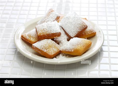 Homemade New Orleans Beignet Donuts With Plenty Of Powdered Sugar Stock