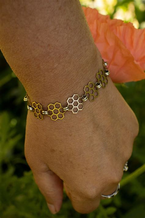 Handcrafted Honeycomb Bracelet Solid Brass And Sterling Silver Bee