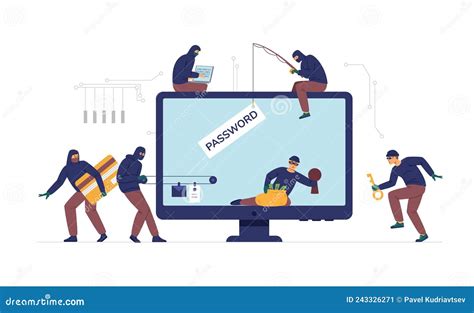 Cyber Security Flat Vector Illustration Computer Fraud And Internet Scam Hacker Thief Steal