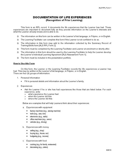 Rpl Form 1 Life Experiences 2013 Doc Learning Cognition