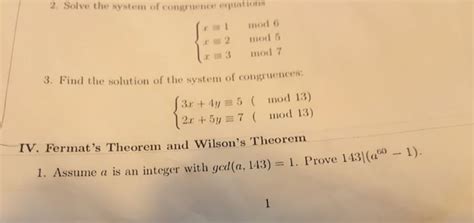 Solved Solve The System Of Congruence Equations {x 1 Mod 6
