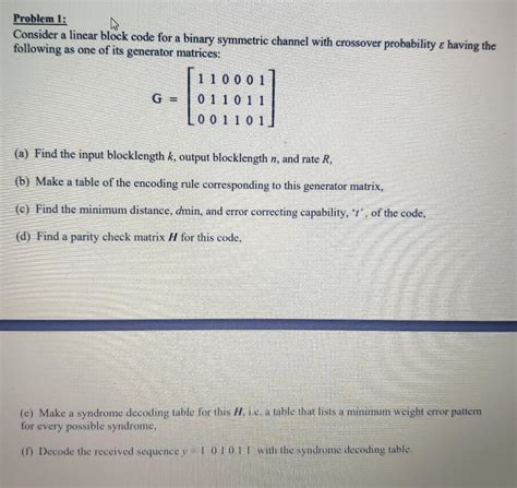 Solved Problem Consider A Linear Block Code For A Binary Chegg