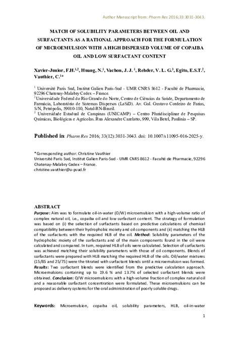 Pdf Match Of Solubility Parameters Between Oil And Surfactants As A Rational Approach For The