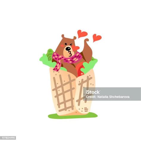 벡터 일러스트 토마토와 녹색 샐러드와 스프링 롤에 재미 키스 갈색 곰 플랫 만화 스타일입니다 사랑과 음식 개념에 적용 할 수 있습니다 계절에 대한 스톡 벡터 아트 및 기타