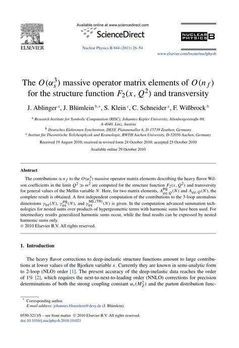 Pdf The O α S 3 Massive Operator Matrix Elements Of O N F For