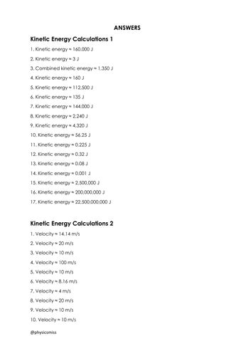 Kinetic Energy Calculations Worksheets Teaching Resources