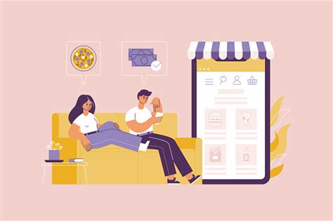 모바일 응용 프로그램을 통해 집에서 음식을 주문하는 사람들 여성 캐릭터는 인터넷 뱅킹을 통해 지불 온라인 상점 남자에서 피자를