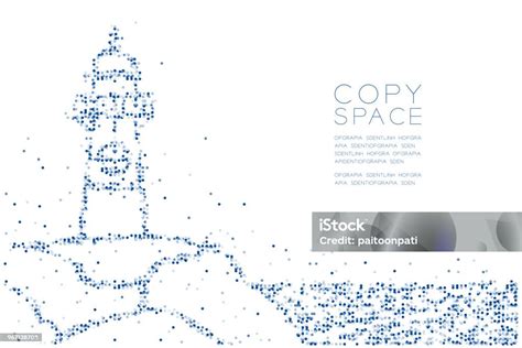 추상 기 원형 도트 픽셀 패턴 등 대 모양 수 중 및 해양 생명 개념 디자인 파란색 그림 복사 공간 벡터 Eps 10와 흰색 배경에 등대에 대한 스톡 벡터 아트 및 기타