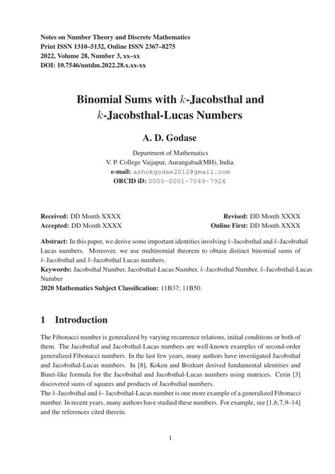 Pdf Binomial Sums With K Jacobsthal And K Jacobsthal Lucas Numbers
