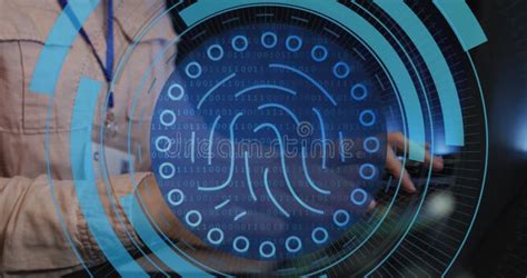 Image Of Fingerprint In Circles Over Hands Of Caucasian Man Typing On Laptop Stock Image Image
