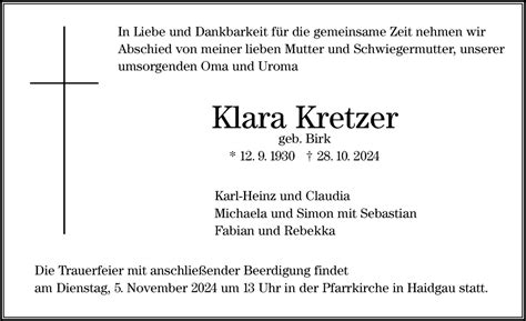 Traueranzeigen Von Klara Kretzer Schwaebischede Trauerportal