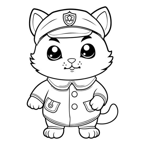 고양이 경찰관 캐릭터의 흑백 만화 일러스트레이션 컬러링 책 프리미엄 벡터