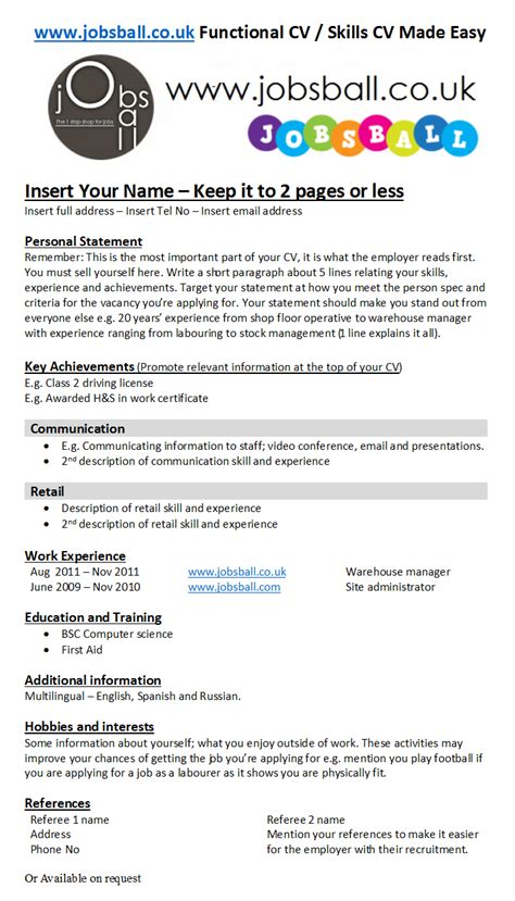Functional Skills CV Made Easy With Jobsball Co Uk Simple Cv Templates Business Analyst