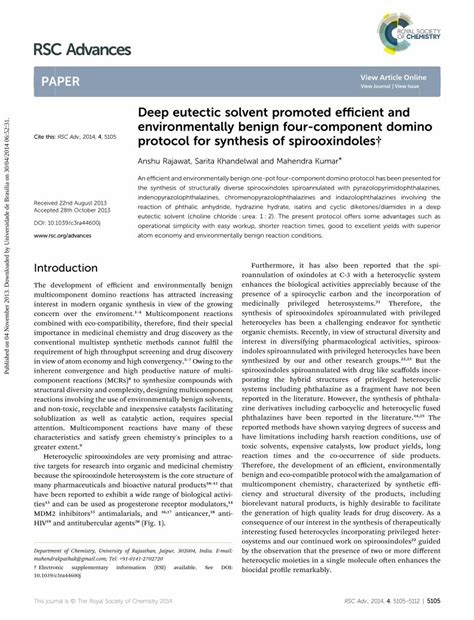 Pdf Deep Eutectic Solvent Promoted Efficient And Environmentally Benign Four Component Domino