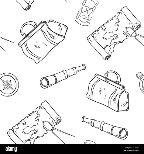 Compass Spyglass Map Carpet Bag Black And White Vector Graphic