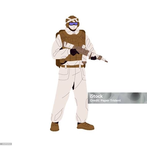 겨울 위장을 한 스톰트루퍼 솔저 슈터가 돌격 소총을 손에 들고 있습니다 총기 무기 총을 가진 군사 기병 육군 군대 흰색 배경에 평평한 고립 된 벡터 그림 겨울에 대한 스톡