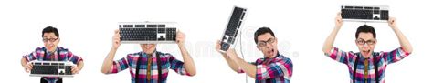 Computer Nerd With Keyboard Isolated On White Stock Image Image Of Goofy Communication 196765575