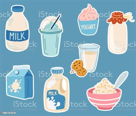 우유 스티커 유제품 크림 요구르트 코티지 치즈 및 우유 인쇄 레스토랑 엽서 및 메뉴에 적합합니다 만화 벡터 일러스트 레이 션이 격리되었습니다 0명에 대한 스톡 벡터 아트 및
