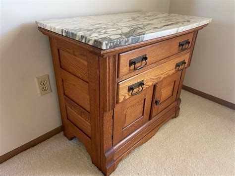Gorgeous Antique Oak Cabinet With White Marble Top 34w X 19d X 285h
