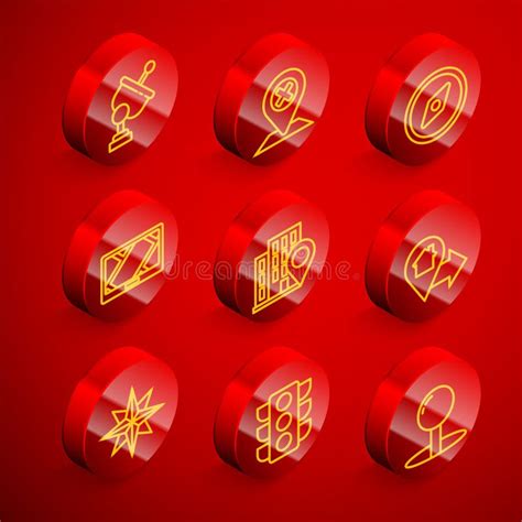 Set Line Radar Location Compass Gps Device With Map House Wind Rose And Traffic Light Icon