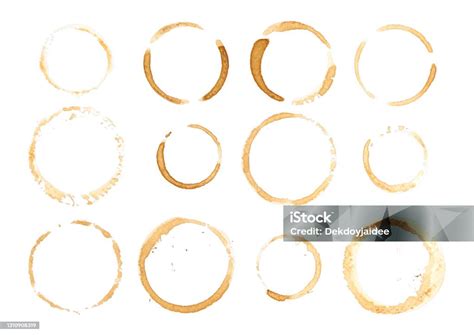 하단 컵에서 원의 컬렉션 브러쉬의 많은 스트로크와 기술에 흰색 종이에 실제 커피 물 페인트 흰색 배경에 고립 된 커피 아트로