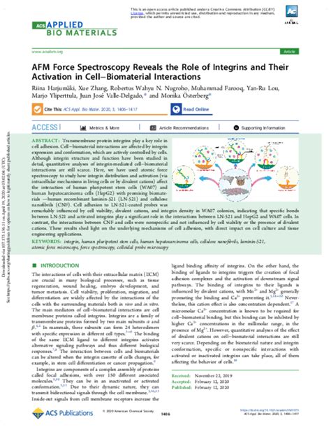 Pdf Afm Force Spectroscopy Reveals The Role Of Integrins And Their