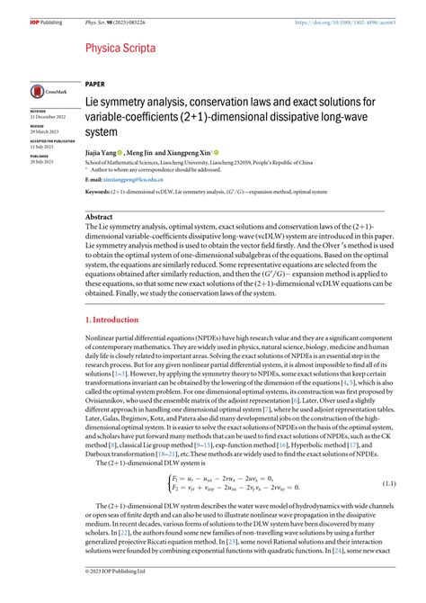 Lie Symmetry Analysis Conservation Laws And Exact Solutions For