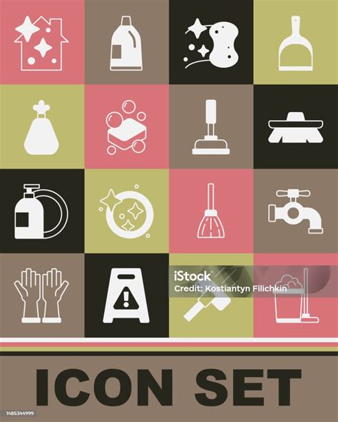 걸레와 양동이 수도꼭지 청소용 브러시 스폰지 비누 바 쓰레기 봉투 홈 서비스 및 고무 플런저 아이콘을 설정합니다 벡터 가방에 대한 스톡 벡터 아트 및 기타 이미지 Istock