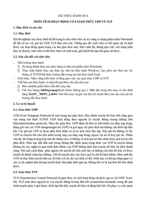 Lab04 Huong Dan - BÀI TH ỰC HÀNH S Ố 4 PHÂN TÍCH HO ẠT Đ ỘNG C ỦA GIAO TH ỨC UDP VÀ TCP M c đích ...