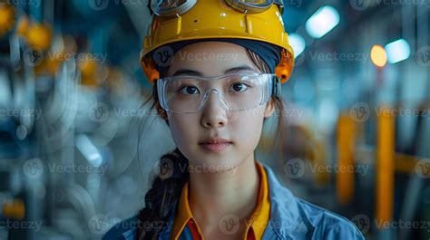 Asian Female Engineer In Uniform Monitoring Factory Operations On Screen Wearing Safety Gear