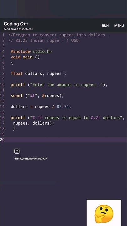 Program To Convert Rupees Into Dollars In C Youtubeshorts Codinggirl Coding Shortcoding