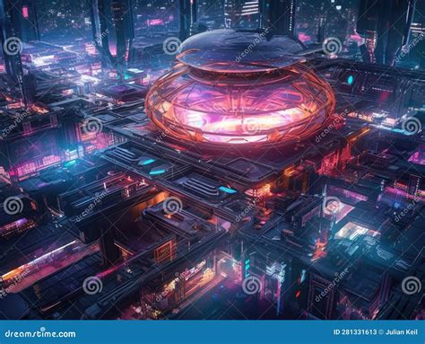 Glowing Futuristic City With Floating Crystal Centerpiece Stock