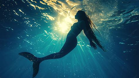 Mermaid Swimming Underwater In The Deep Blue Sea Background Mermaid