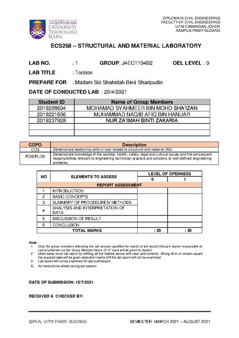 Lab 1 Torsion Lab Ecs 268 Faculty Of Civil Engineering Uitm