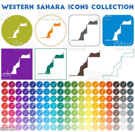 서부 사하라 아이콘 컬렉션입니다 밝고 다채로운 트렌디한 지도 아이콘 국가 지도가 있는 현대 서부 사하라 배지 벡터 그림입니다 0명에 대한 스톡 벡터 아트 및 기타 이미지