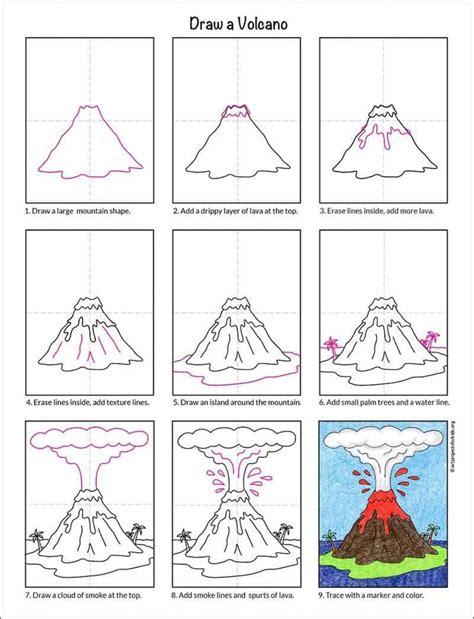 Easy How To Draw A Volcano Tutorial Video And Volcano Coloring Page In