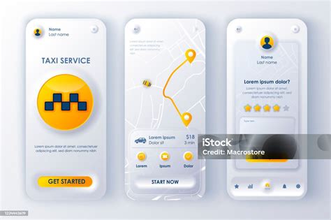 모바일 앱 신형성 스타일을위한 택시 서비스 독특한 신형태 디자인 키트 경로와 온라인 택시 예약 화면 교통 서비스 Ui Ux 템플릿 세트 고객에 대한 스톡 벡터 아트 및 기타