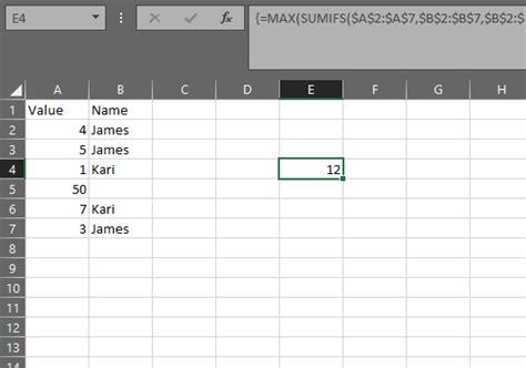 excel highest sum value stack overflow
