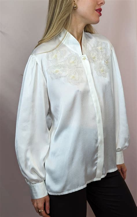 True Vintage 1980s Romantic White Satin Button Up Blouse With Bishop