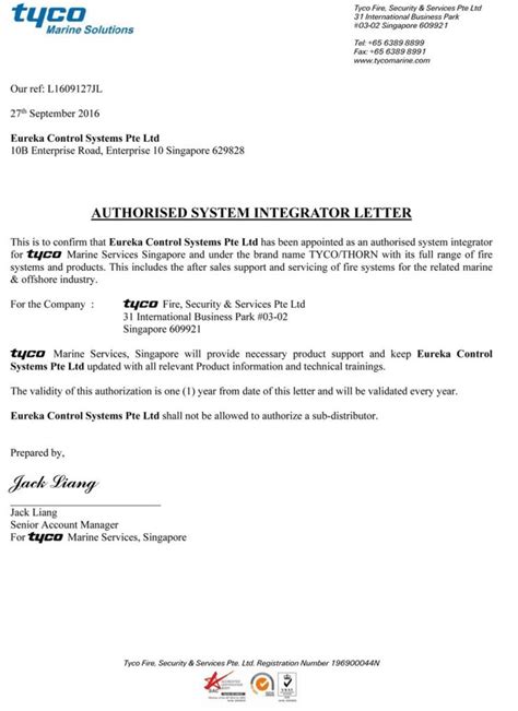 Authorisation Letters Eureka Control Systems